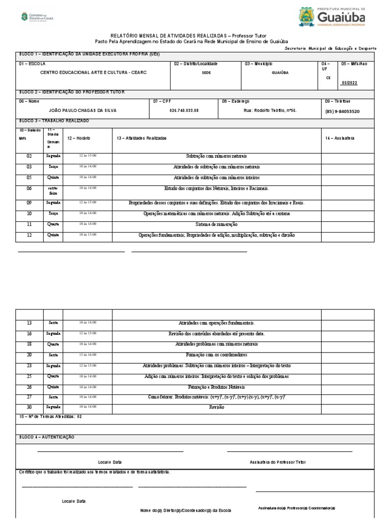 Relatório Mensal JP - Maio - Pacto Pela Aprendizagem | PDF