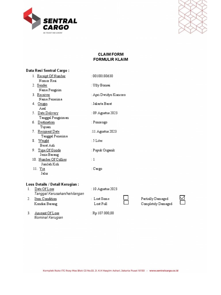 Form Claim Sentral Cargo | PDF | Supply Chain Management | Service ...