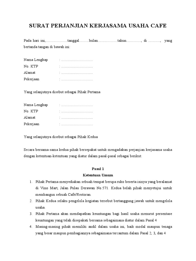 Surat Perjanjian Kerjasama Cafe | PDF