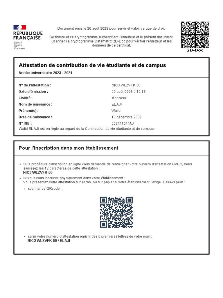 Attestation CVEC 2023-2024 | PDF