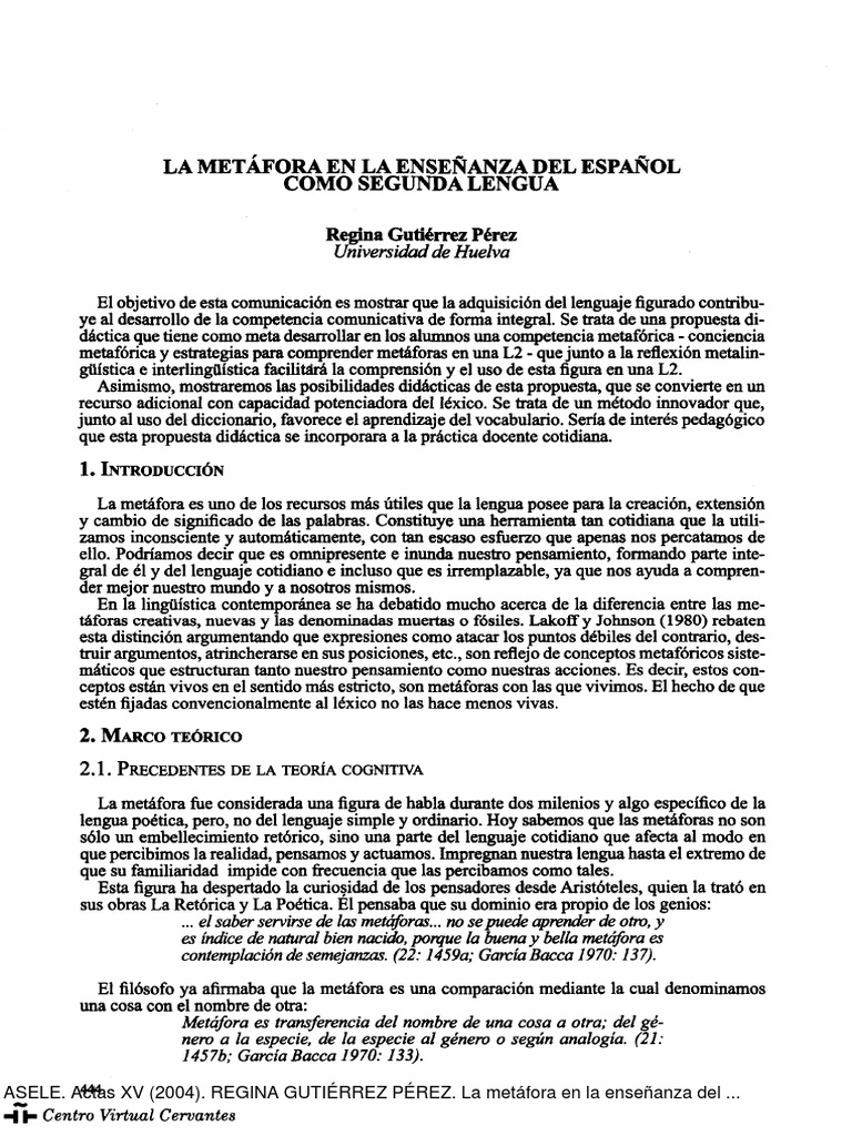 La Metáfora en La Enseñanza Del Español Como Segunda Lengua Regina ...