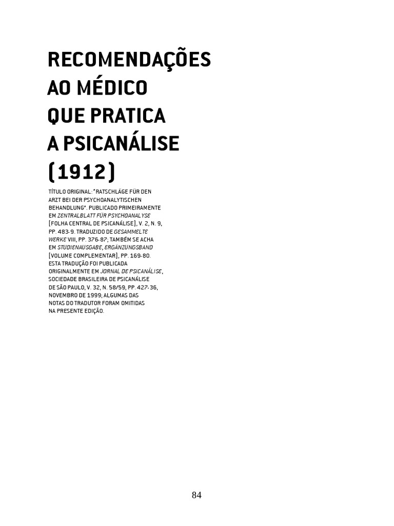 FREUD, S. Recomendacoes Ao Medico Que Pratica A Psicanalise | PDF ...