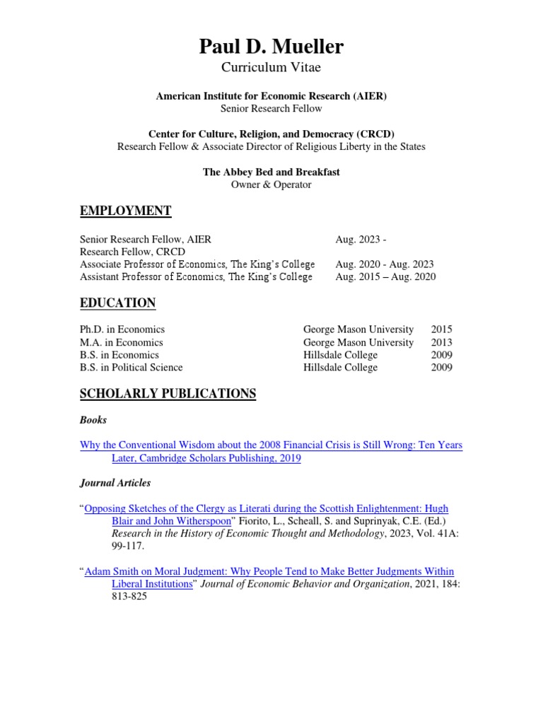 Curriculum Vitae - Paul Mueller | PDF | Adam Smith | Economics