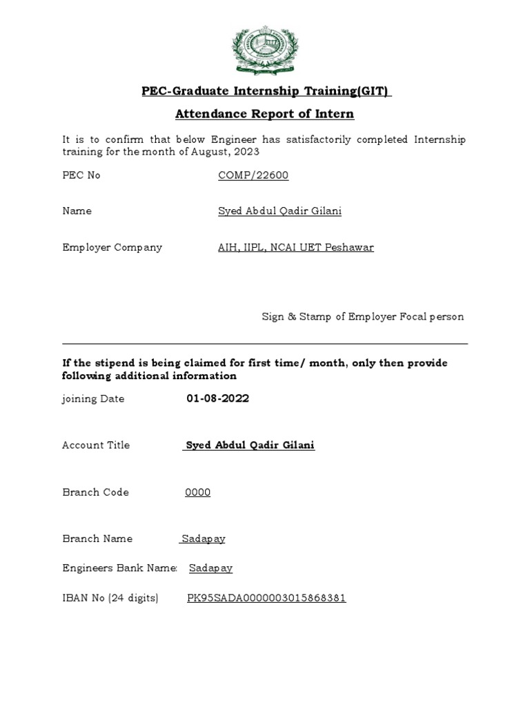PEC Internship Attendance Report 2023 | PDF