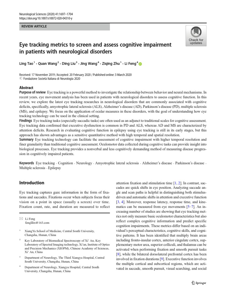 Eye Tracking Metrics To Screen and Assess Cognitive Impairment in ...