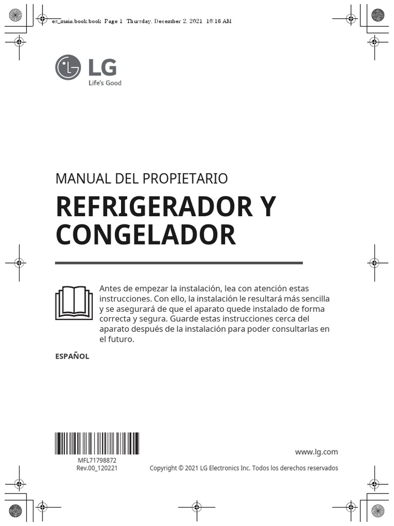 Manual de Refrigerador LG | PDF | Tap (Válvula) | Enchufes y tomas de corriente alterna