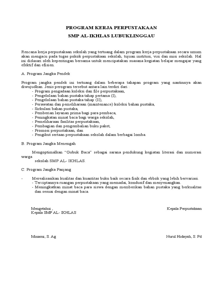 Program Perpustakaan SMP Al-Ikhlas | PDF | Kajian Bahasa Asing