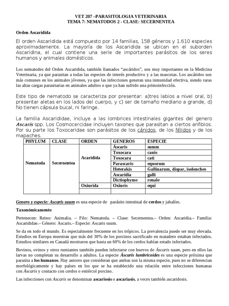 Tema 7 - Nematodos 2 - Clase Secernentea-1 | PDF | Nematodo | Anatomía