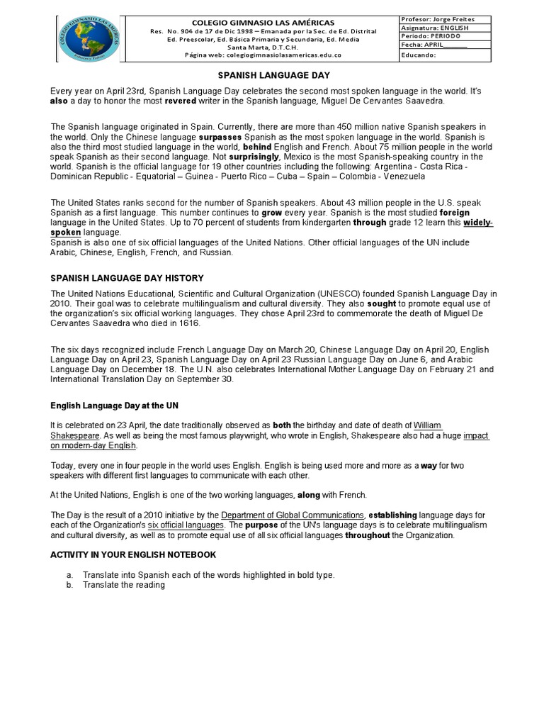 Spanish Language Day Also A Day To Honor The Most Revered Writer in The ...