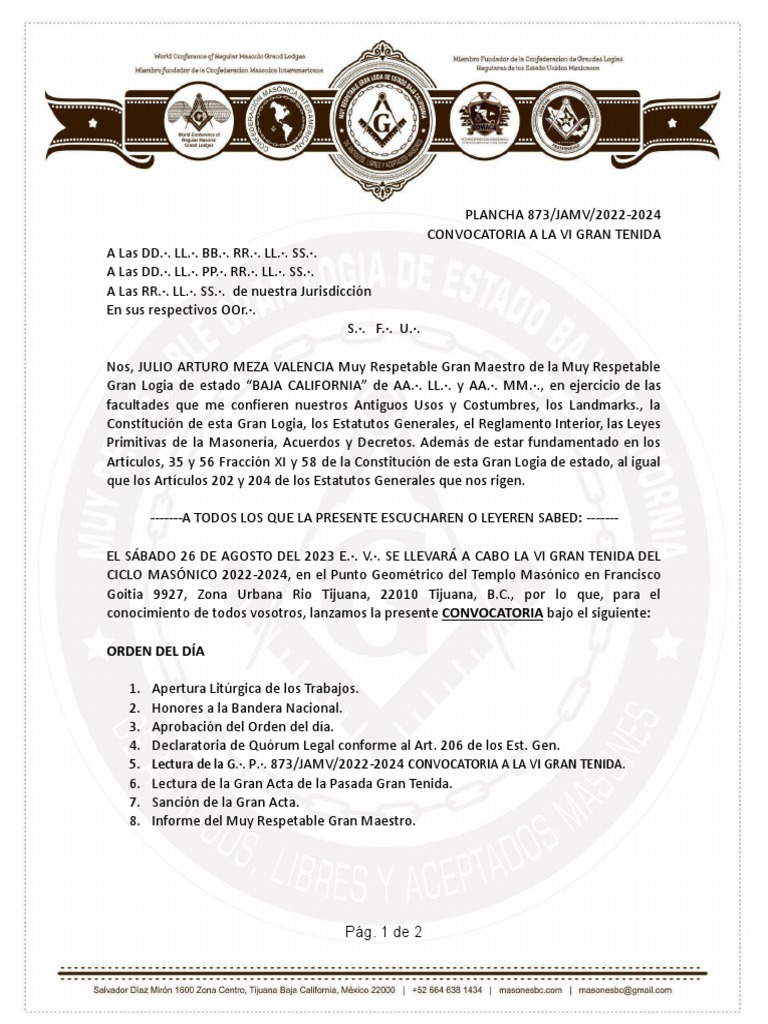 Plancha 873 Convocatoria VI Gran Tenida Ciclo 2022 - 2024 | PDF