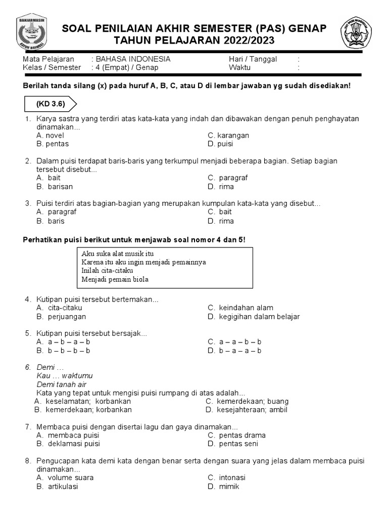 Soal PAS GENAP (B.indonesia) Kelas 4 Tahun Ajaran 2022-2023 (Acc) | PDF
