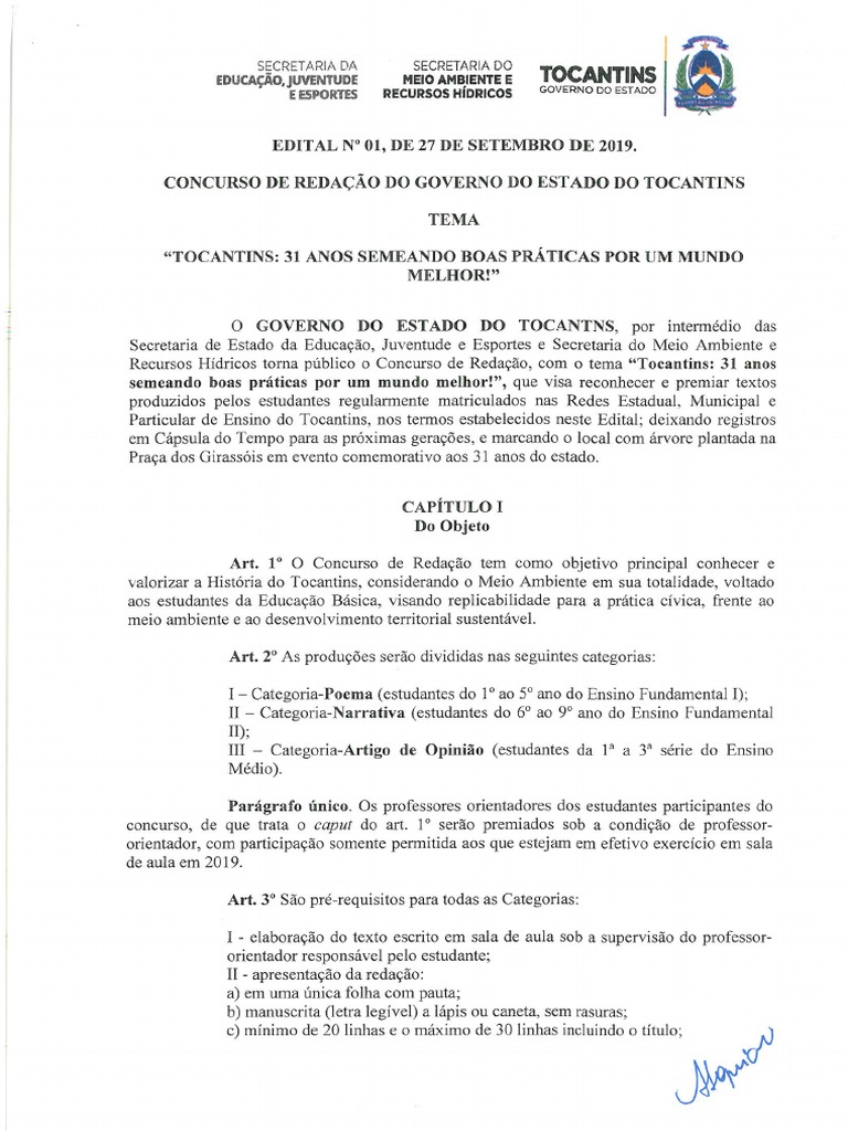 Edital Concurso de Reda - o - Tocantins 31 Anos Semeando Boas PR Ticas Por Um Mundo Melhor PDF | PDF