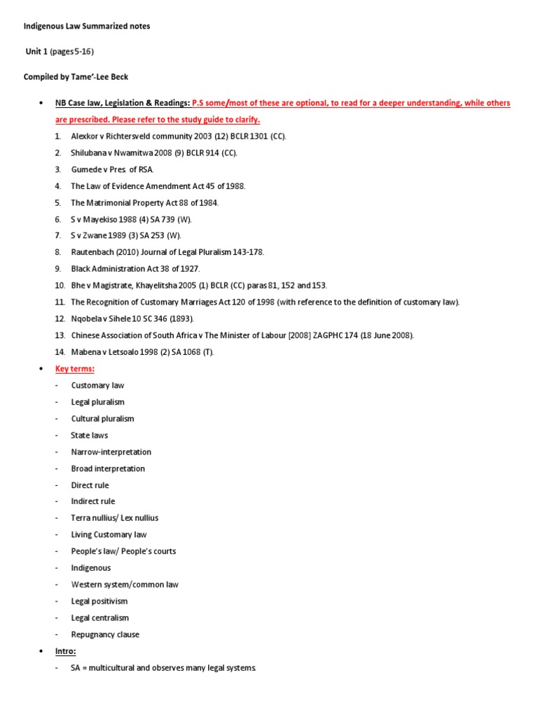 Indigenous Law Summarized Notes - Unit 1 | PDF Indigenous Law Summarized Notes - Unit 1 | PDF
