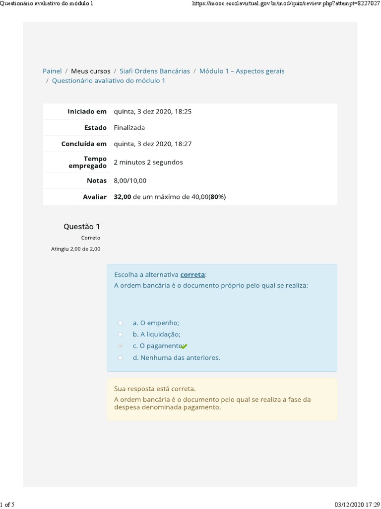 Questionário Avaliativo Do Módulo 1 SIAFI Ordens Bancárias | PDF