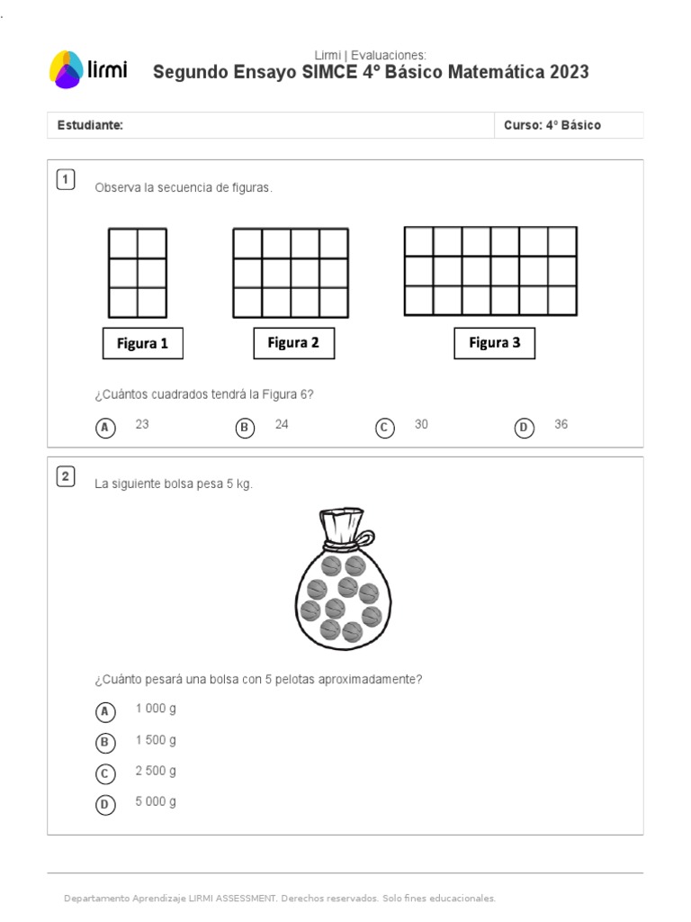 Segundo Ensayo Simce 4 Basico Matematica 2023 5419814 | PDF