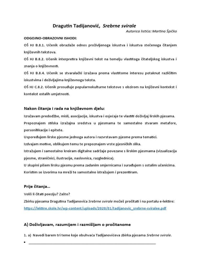 Dragutin Tadijanovic Srebrne Svirale Martina Spicko | PDF