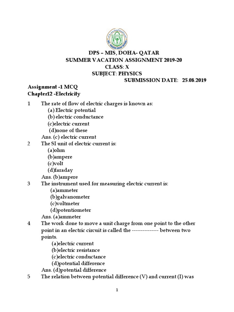 Summer Assignment Class X | PDF | Electrical Resistance And Conductance ...