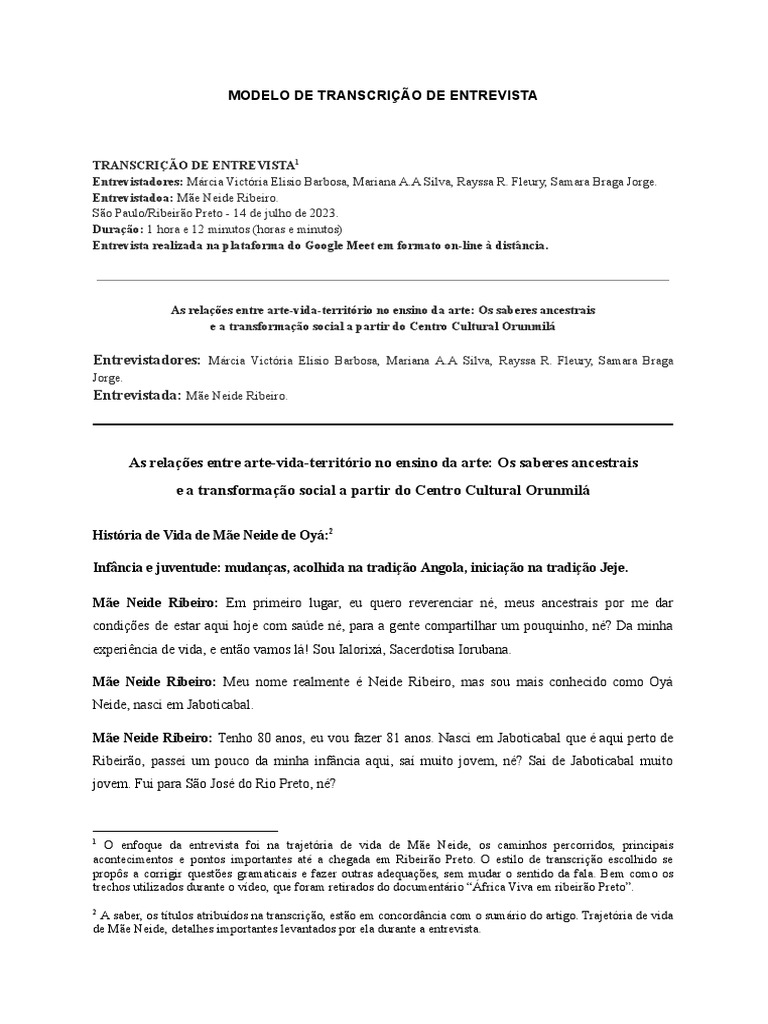 Transcrição - Entrevista Com Mãe Neide Ribeiro | PDF | Família | África Transcrição - Entrevista Com Mãe Neide Ribeiro | PDF | Família | África