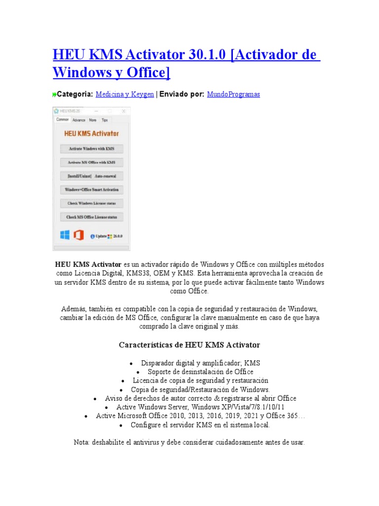 HEU KMS Activator 30.1.0 (Activador de Windows y Office) | PDF ...