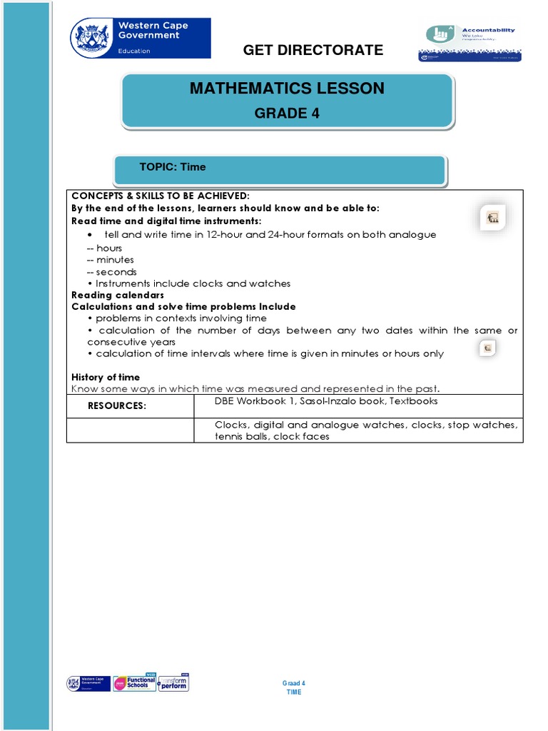 Lesson Plan GR 4 Mathematics Time | PDF | Hour | Time