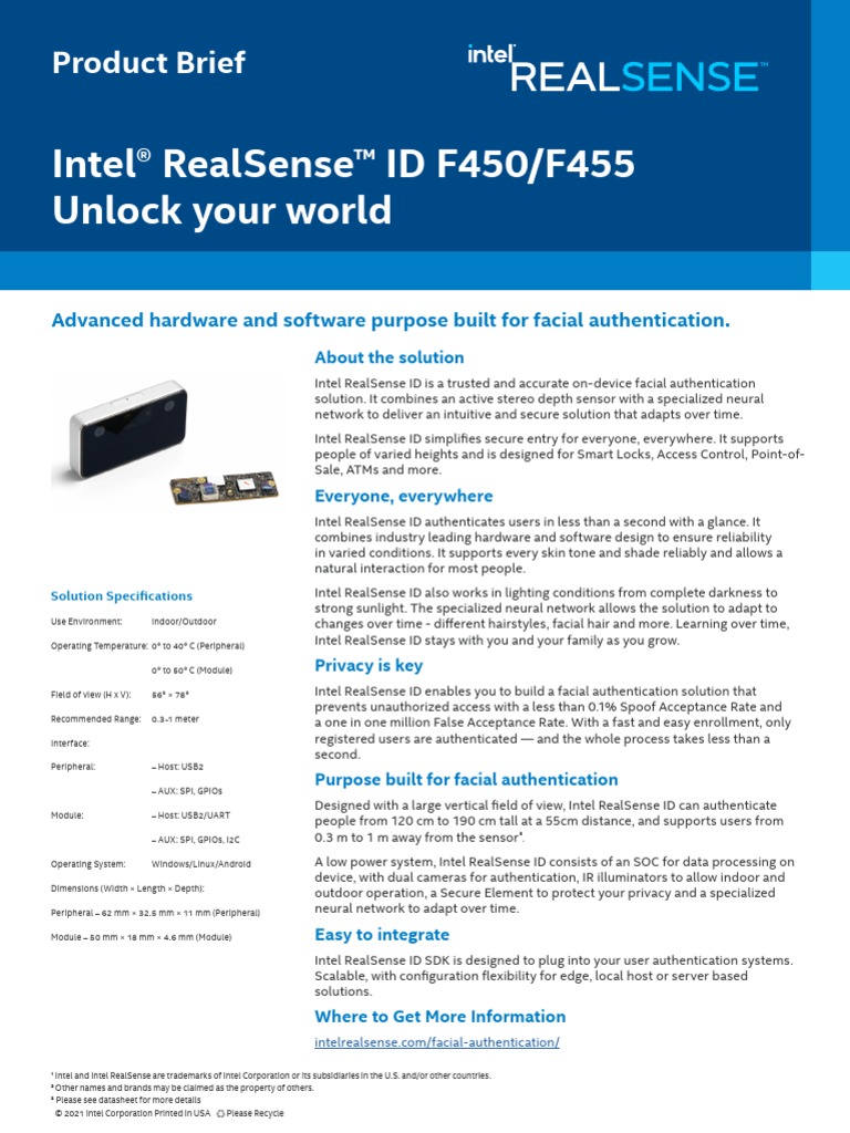Intel RealSense ID Product Brief | PDF