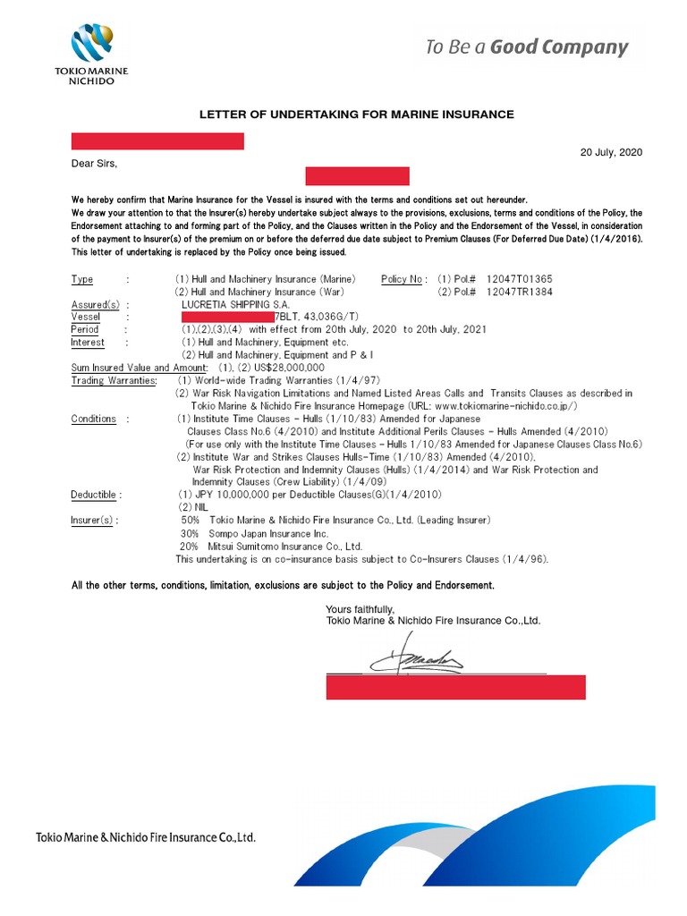 Letter of Undertaking For Marine Insurance: M.V. "Red Lily" | PDF ...