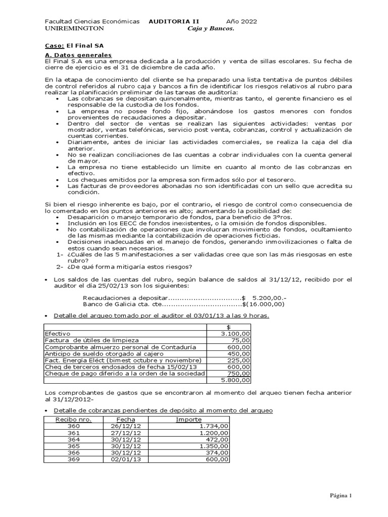 Auditoria Caja y Bancos Caso Practico 2022 | PDF
