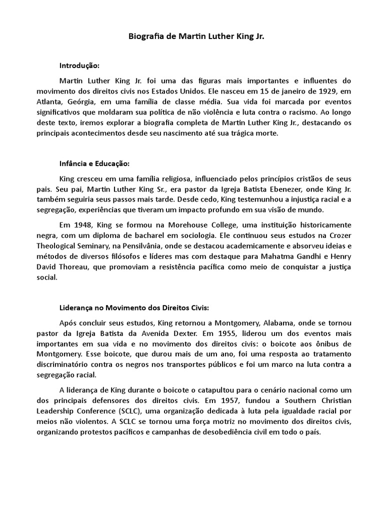 Biografia de Martin Luther King JR | PDF | Martin Luther King Jr. | Não ...