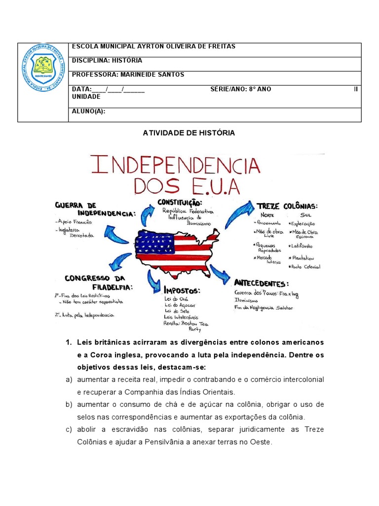 Atividade de História 8º Ano Formação Dos Eua | PDF | Treze Colônias ...