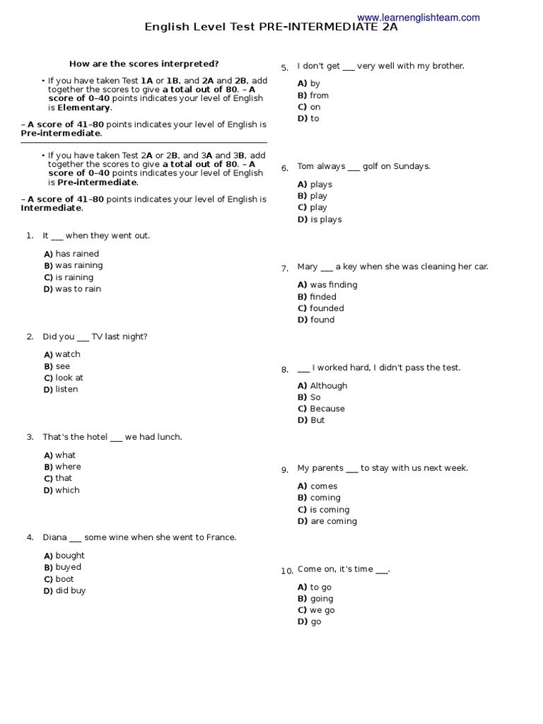 English Level Test Pre Intermediate A2 Pdf2 | PDF