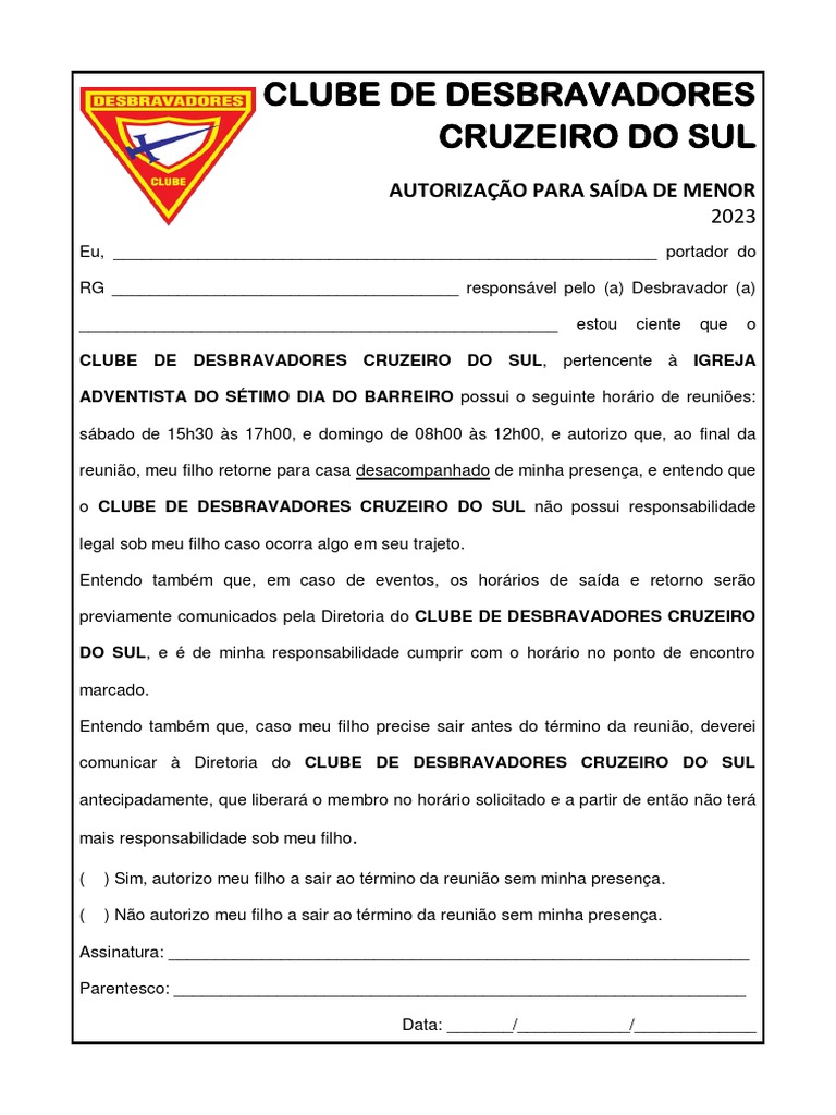 Autorização de Saída para Desbravadores | PDF