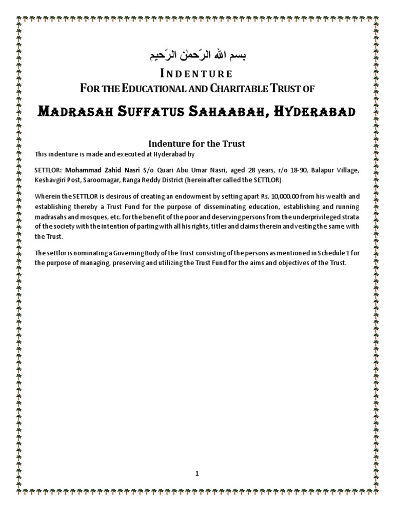 Indenture of Madrasah Suffatus Sahaabah | PDF | Trust Law | Trustee
