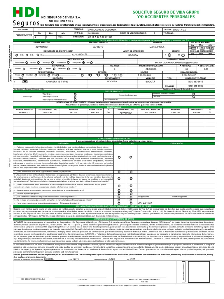Formulario Solicitud de Seguro Vida | PDF