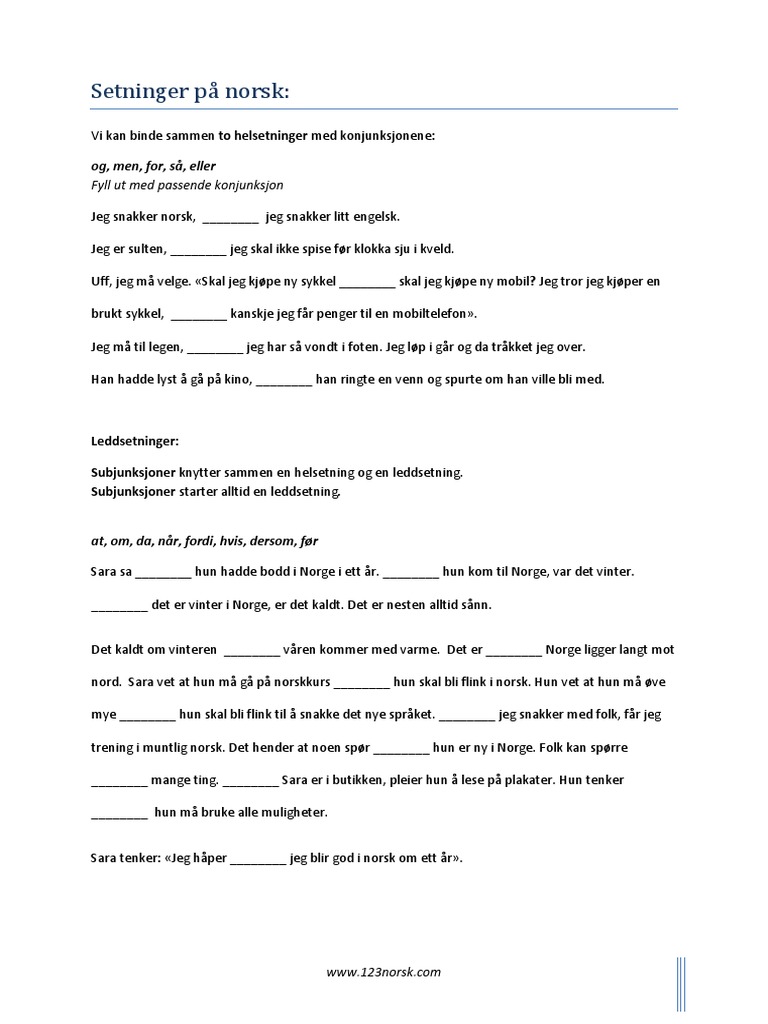 Setninger På Norsk Konjunksjoner | PDF