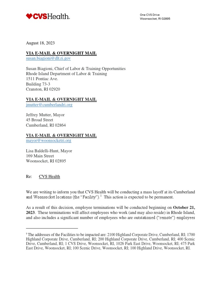 CVS Health Warn notice - RI | PDF | Employment | Financial Analyst