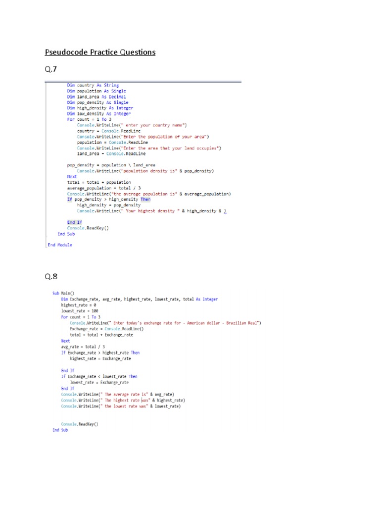 Pseudocode Practice Questions | PDF Pseudocode Practice Questions | PDF