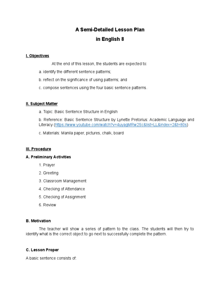 Basic Sentence Structure Lesson Plan | PDF | Subject (Grammar) | Adverb