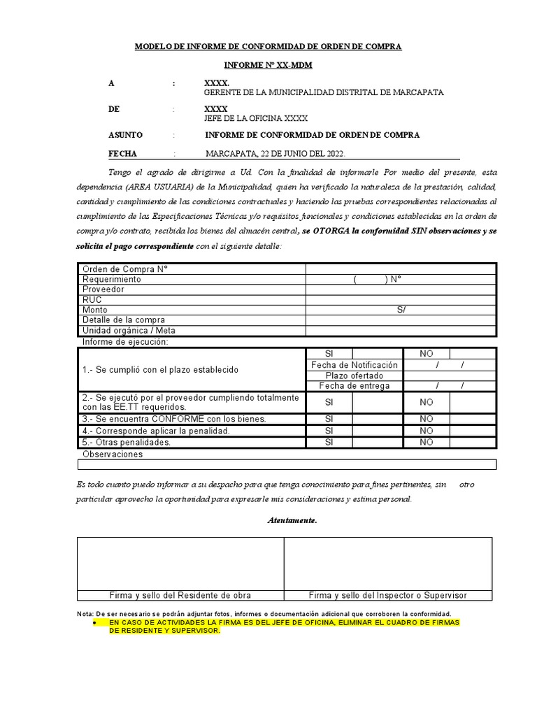 1 Modelo de Informe de Conformidad de Orden de Compra | PDF
