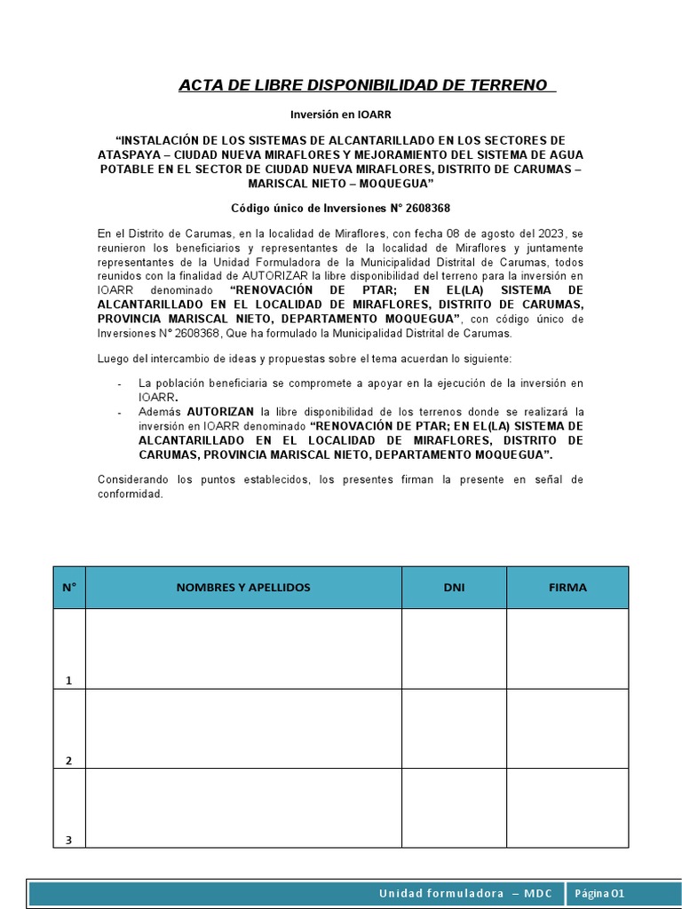 ACTA DE LIBRE DISPONIBILIDAD DE TERRENO | PDF
