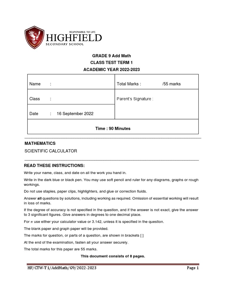 CTW Addmath Grade 9 Term 1 2022-2023 | PDF | Teaching Methods & Materials