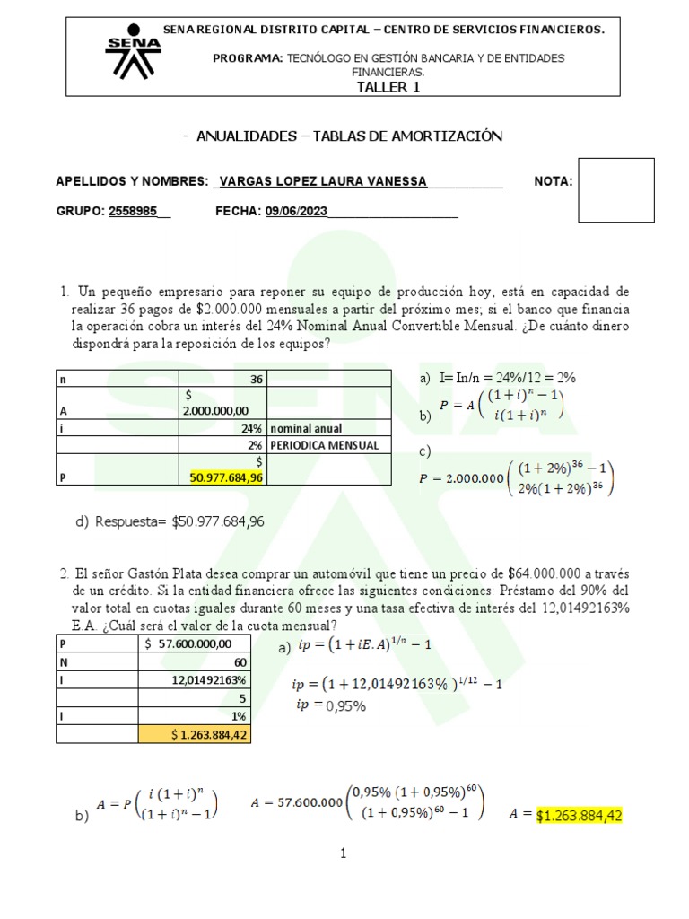 Taller 1 Anualidades y Tablas de Amortización LAURA VANESSA VARGAS | PDF | Interés | Bancos