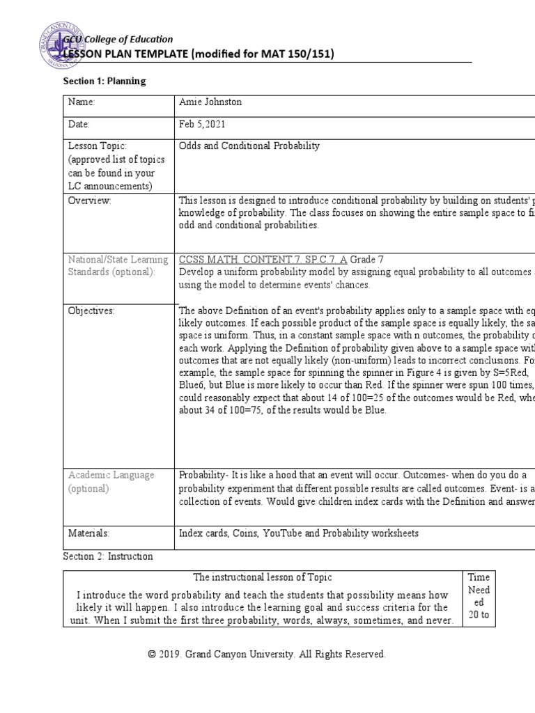 Lesson Plan 1 Amie Johnston | Download Free PDF | Probability | Lesson Plan