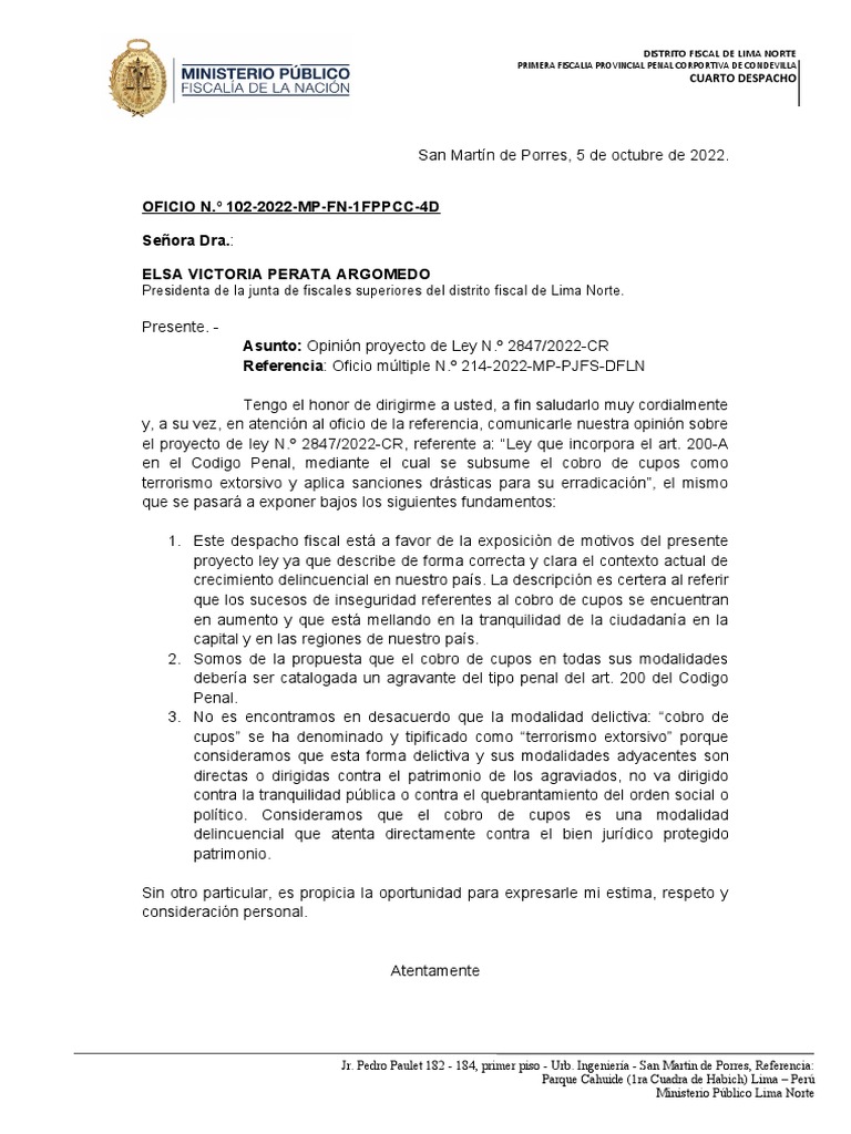 OFICIO N.º 102-2022-MP-FN-1FPPCC-4D Señora Dra.: Elsa Victoria Perata Argomedo | PDF