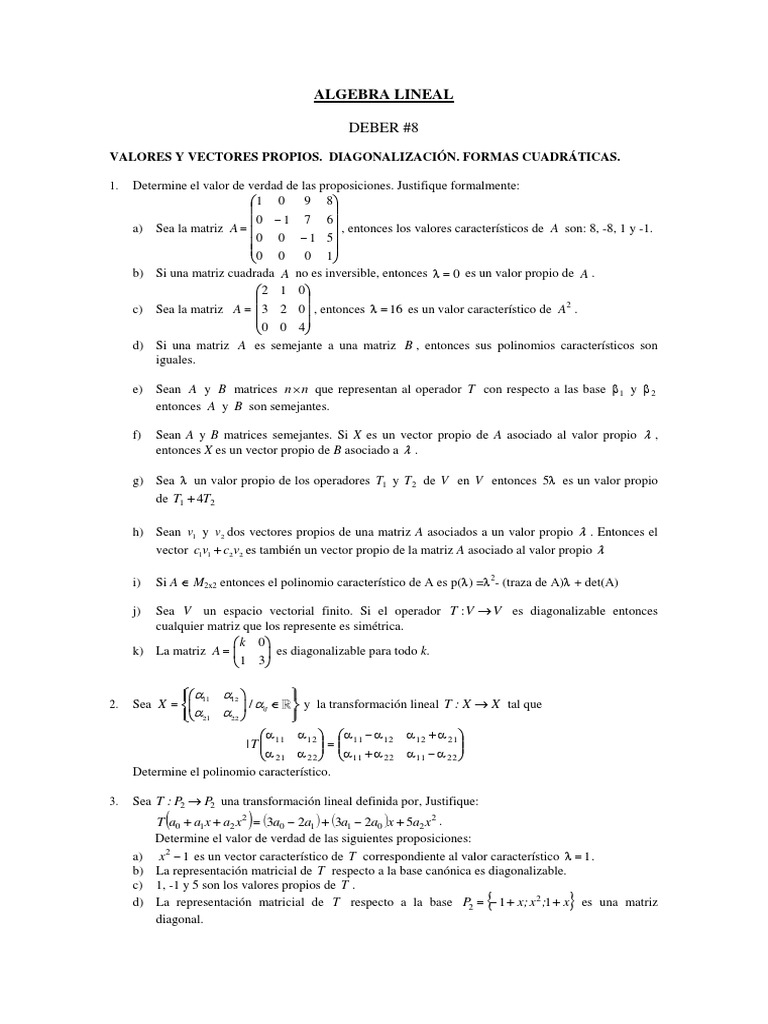 8valores y Vectores Propios, Diagonalizacion y Formas Cuadraticas | PDF | Valores propios y ...