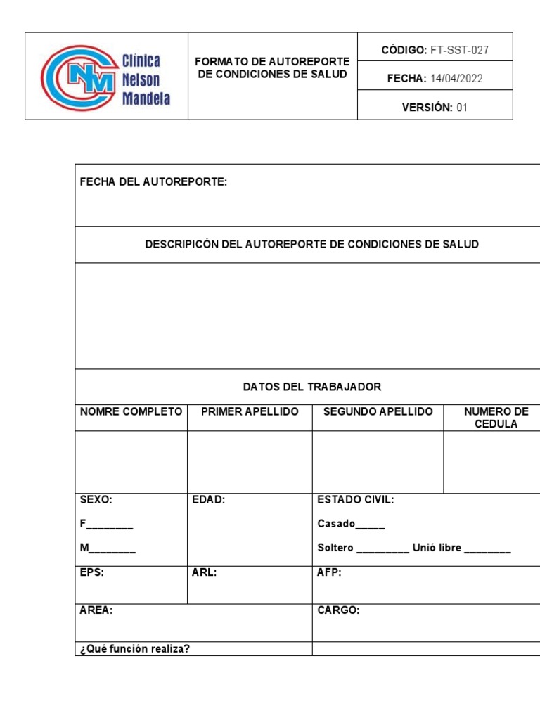 Ft-sst-027-Formato de Autoreporte de Condiciones de Salud | PDF ... Ft-sst-027-Formato de Autoreporte de Condiciones de Salud | PDF ...