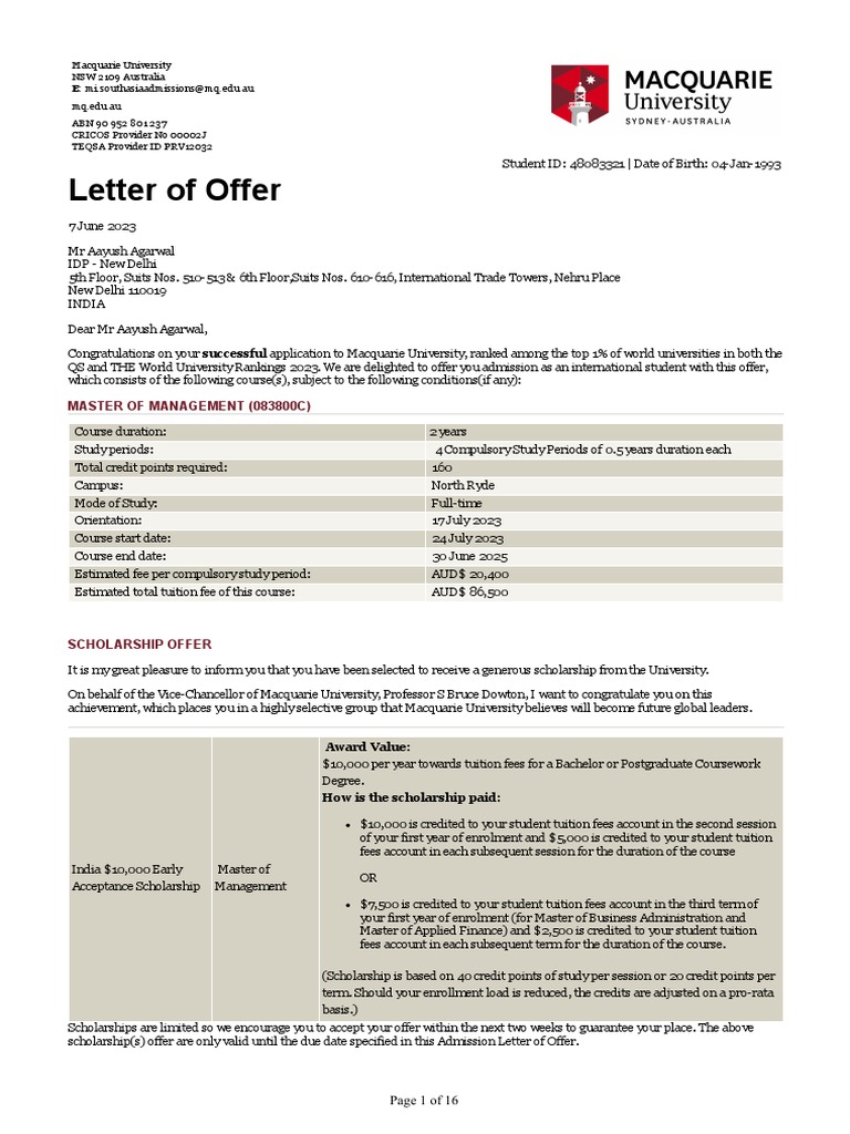 Macquarie University Offer Letter | PDF