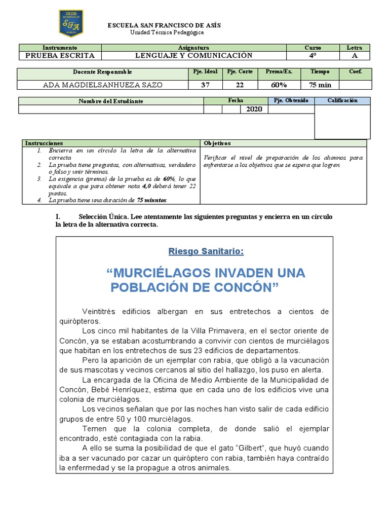 Prueba de Diagnóstico de Lenguaje 4° | PDF | Murciélago | Rabia