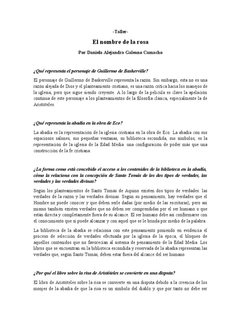 Debate. El Nombre de La Rosa - Daniela Alejandra Galeano Camacho | PDF