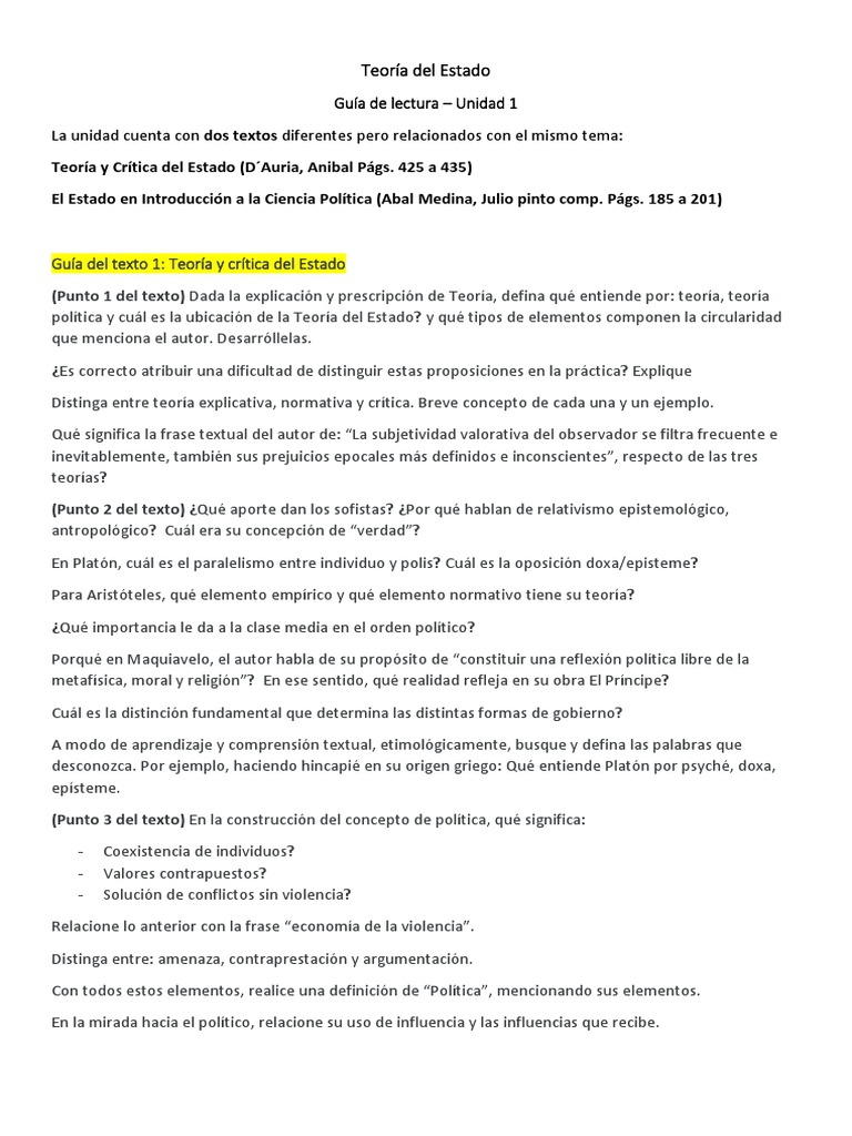 Unidad 1 - Guía de Estudio - Teoría Del Estado A1 | PDF | Teoría | Estado (política)