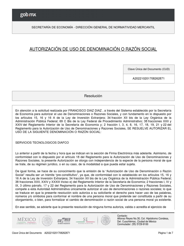 Autorización de Uso de Denominación O Razón Social | PDF | Regulación | Sociedad